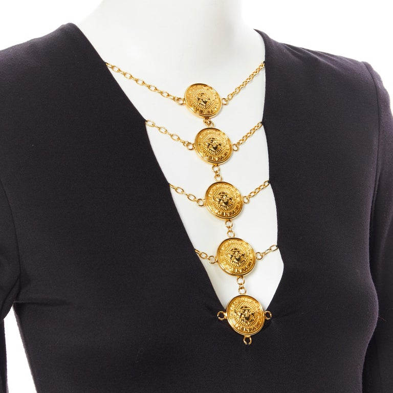 new BALMAIN black gold military coin harness chain necklace bodycon ...