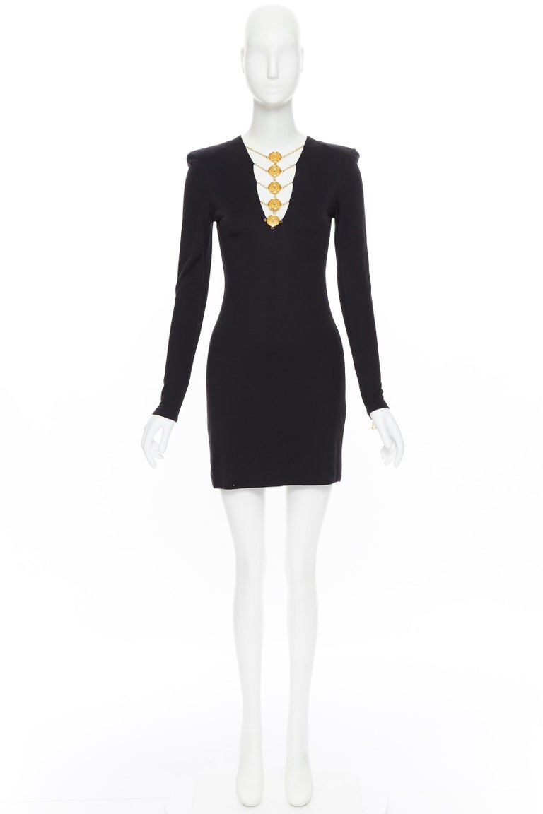 new BALMAIN black gold military coin harness chain necklace bodycon ...