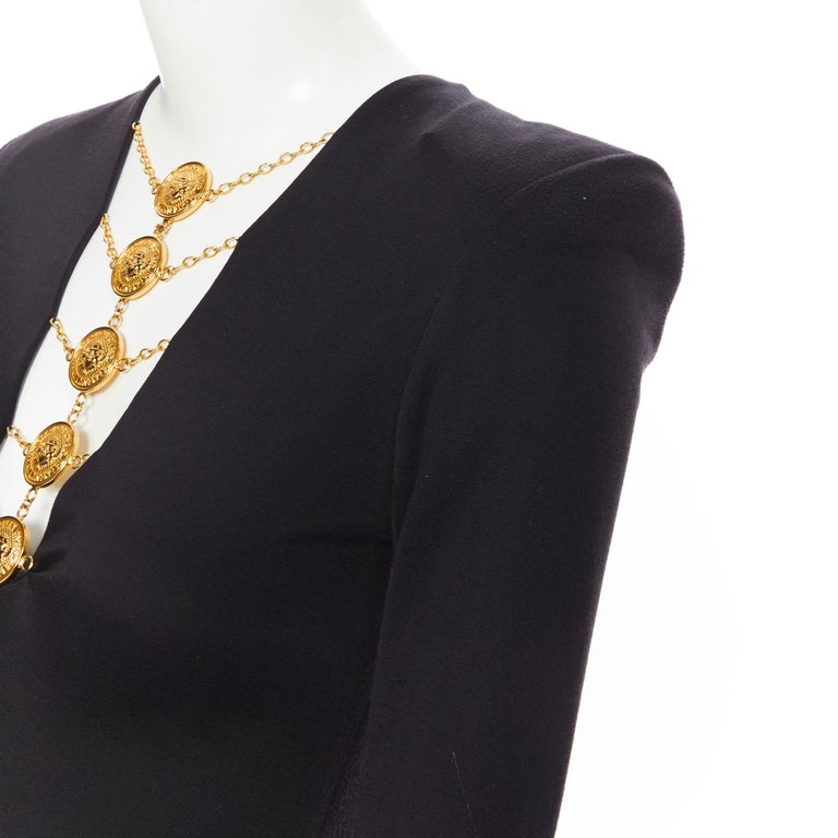 new BALMAIN black gold military coin harness chain necklace bodycon ...