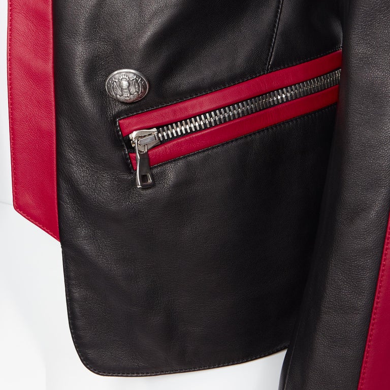 new BALMAIN black lambskin leather red white triming military blazer ...