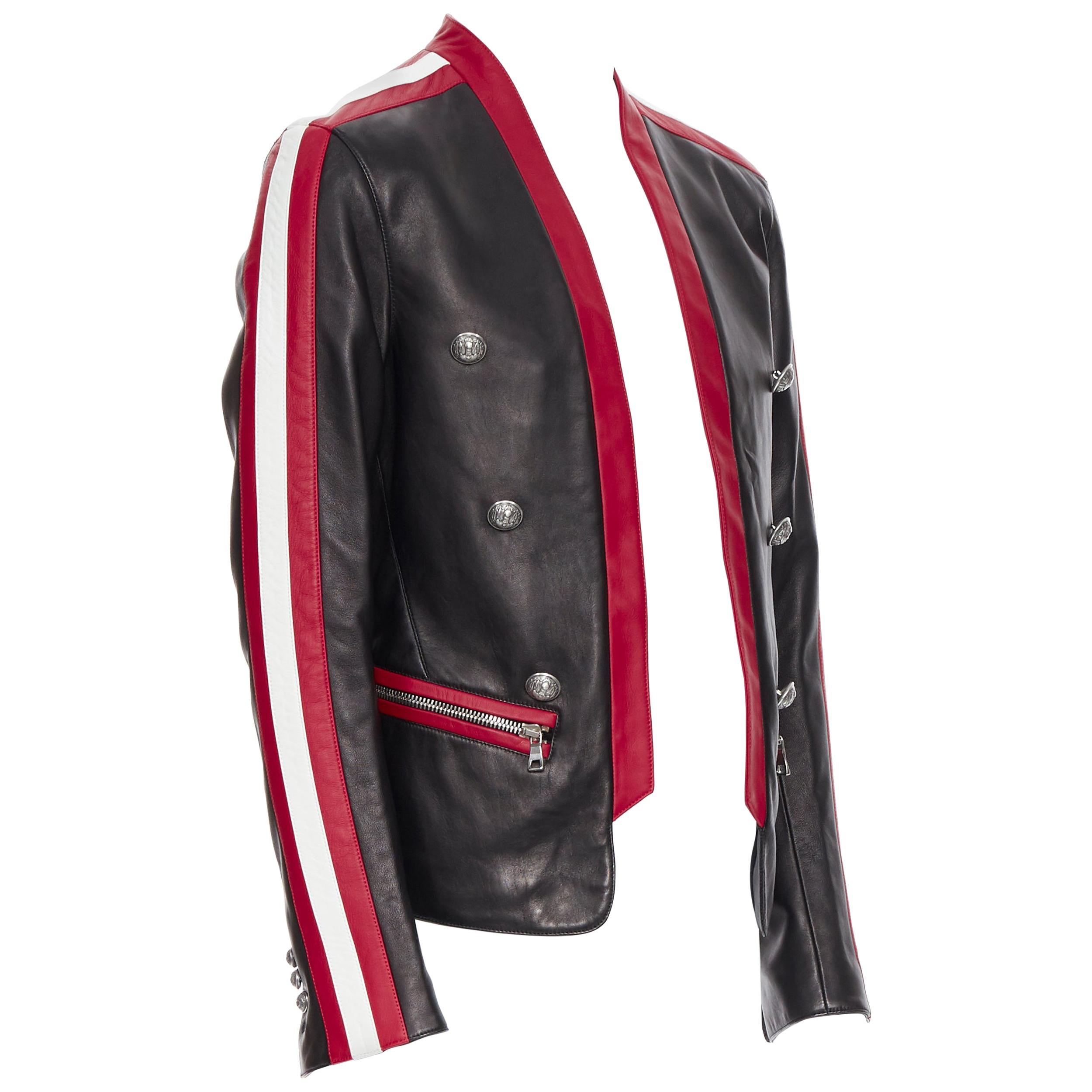 new BALMAIN black lambskin leather red white triming military blazer ...