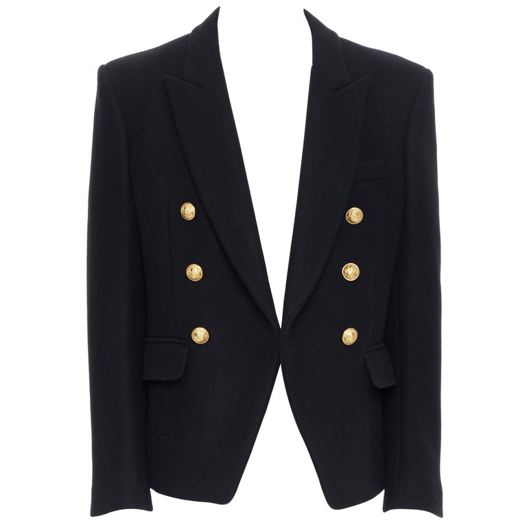 new BALMAIN black wool gold military button double breasted nautical ...
