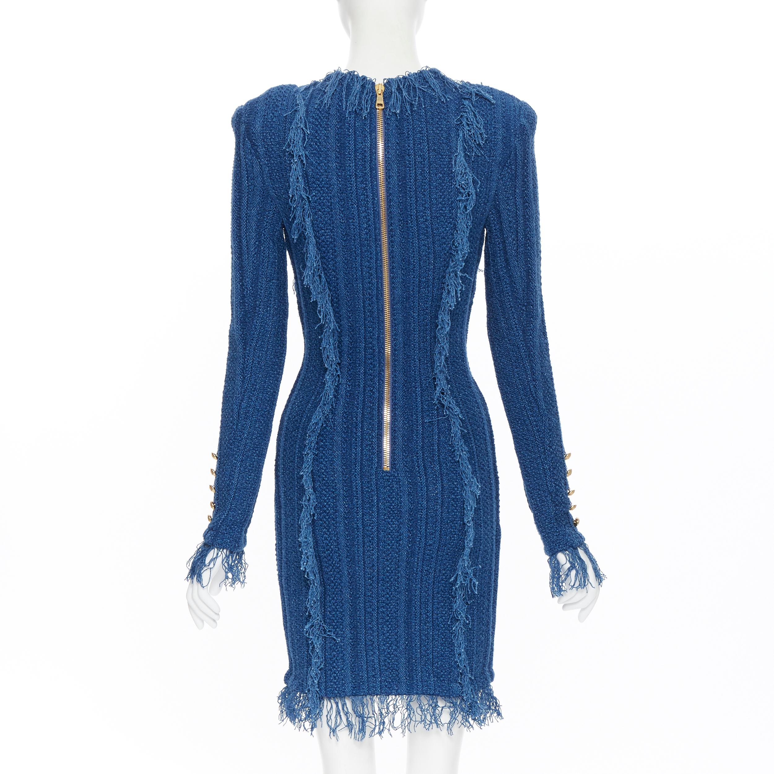 new BALMAIN blue cotton fringe trimmed double breasted knit bodycon ...