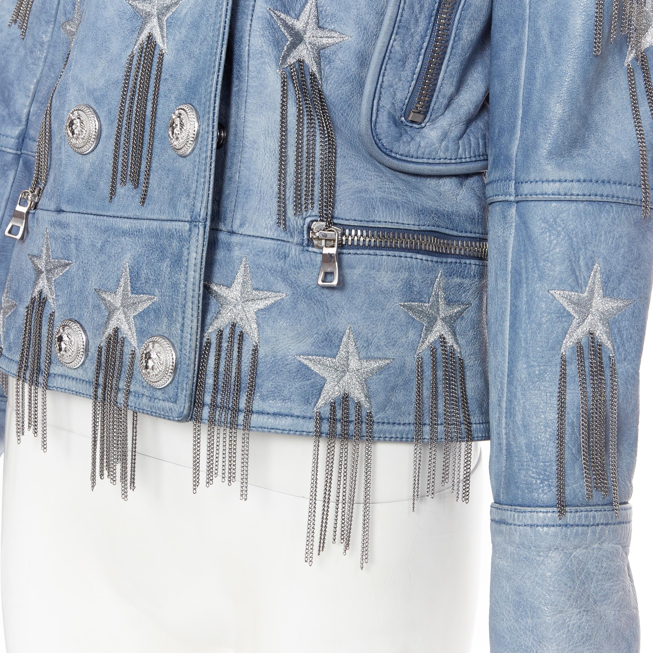 new BALMAIN blue star chain embellished double breasted leather biker ...