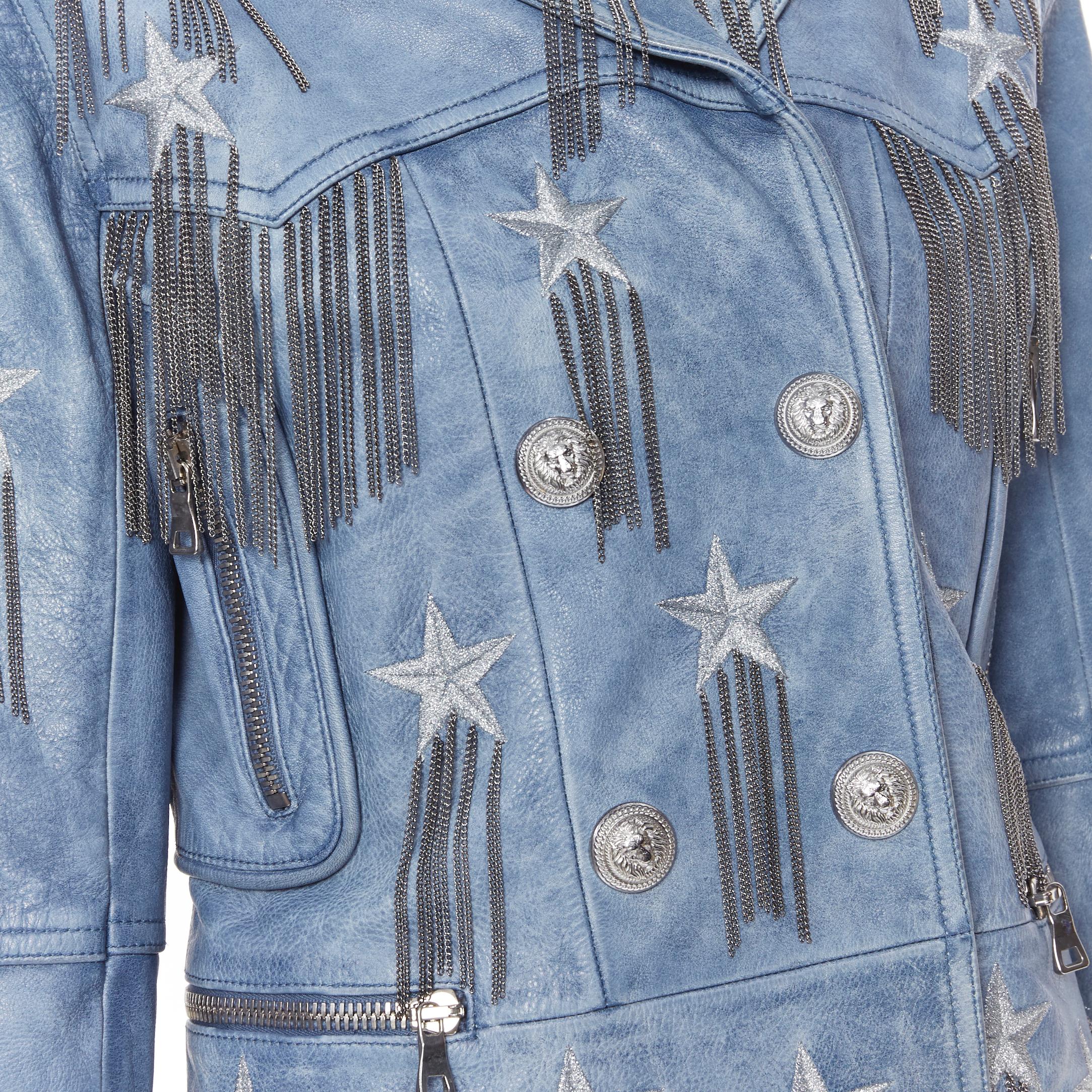 new BALMAIN blue star chain embellished double breasted leather biker ...