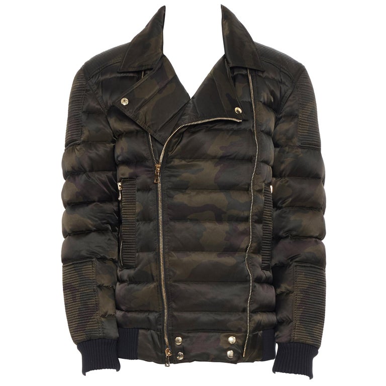 new BALMAIN green camouflage gold-tone double zip down puffer biker ...