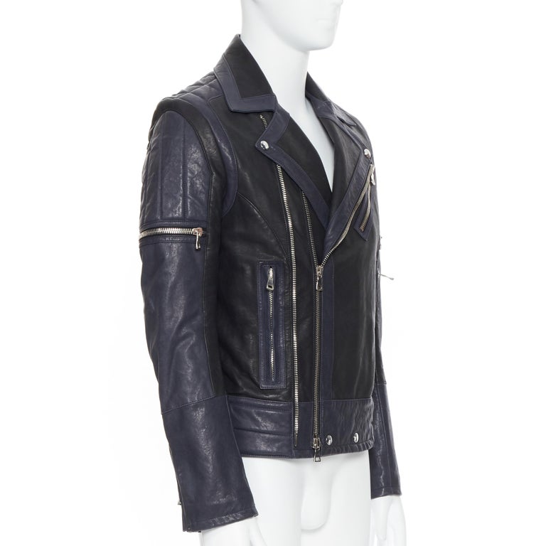 new BALMAIN navy blue black leather ribbed motorcycle biker jacket EU48 ...