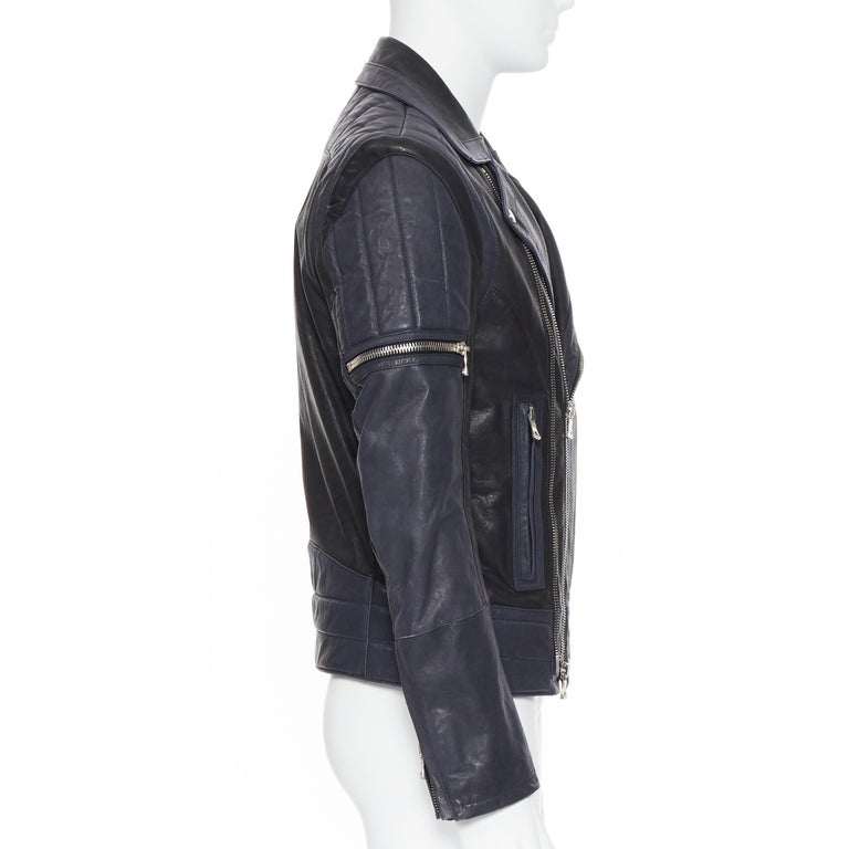 new BALMAIN navy blue black leather ribbed motorcycle biker jacket EU48 ...