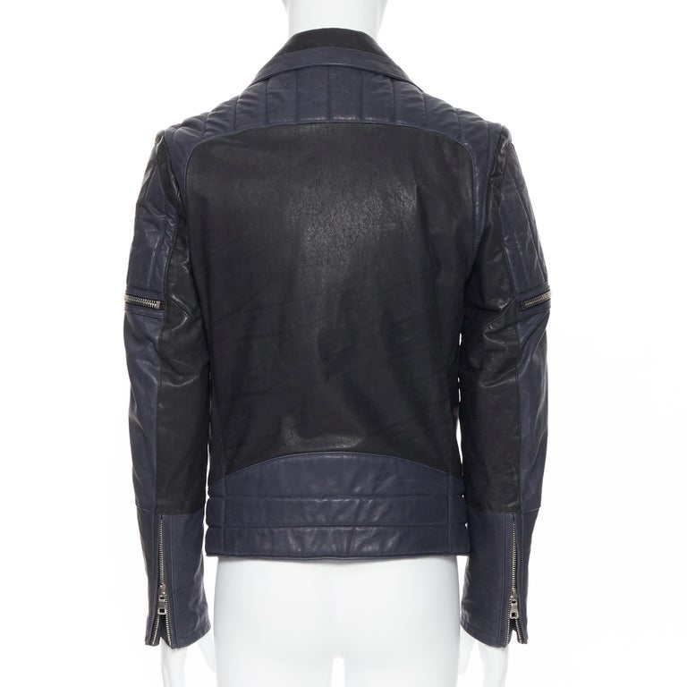new BALMAIN navy blue black leather ribbed motorcycle biker jacket EU48 ...