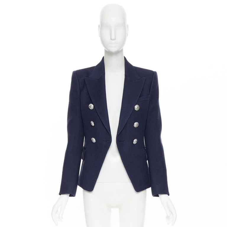 new BALMAIN navy blue wool cotton military double breasted blazer ...