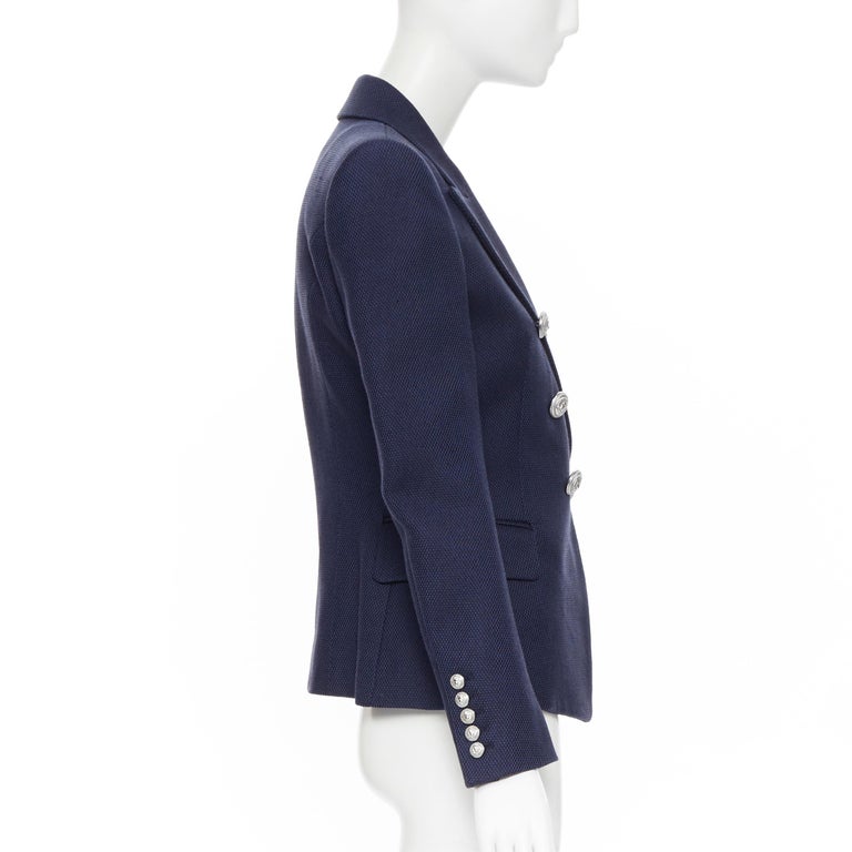new BALMAIN navy blue wool cotton military double breasted blazer ...