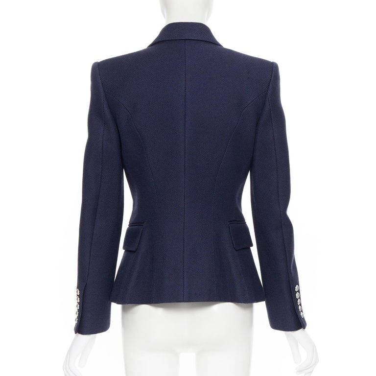 new BALMAIN navy blue wool cotton military double breasted blazer ...