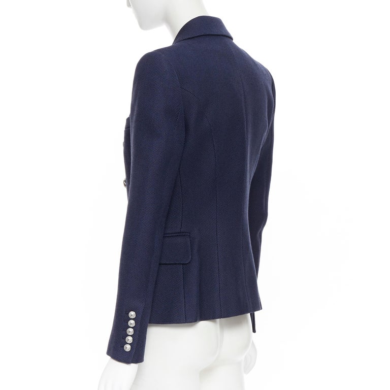 new BALMAIN navy blue wool cotton military double breasted blazer ...