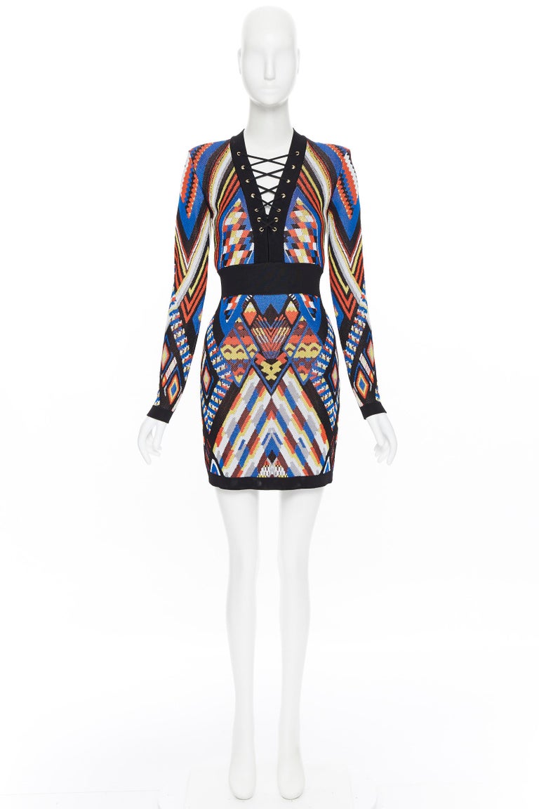 new BALMAIN Runway ethnic tribal knitted lace V-neck bodycon mini dress ...