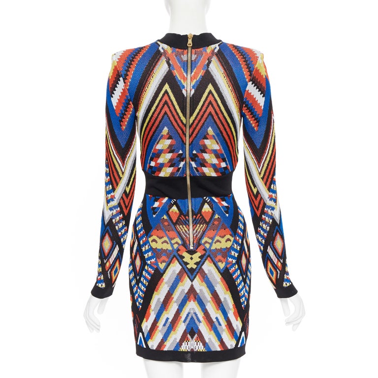 new BALMAIN Runway ethnic tribal knitted lace V-neck bodycon mini dress ...