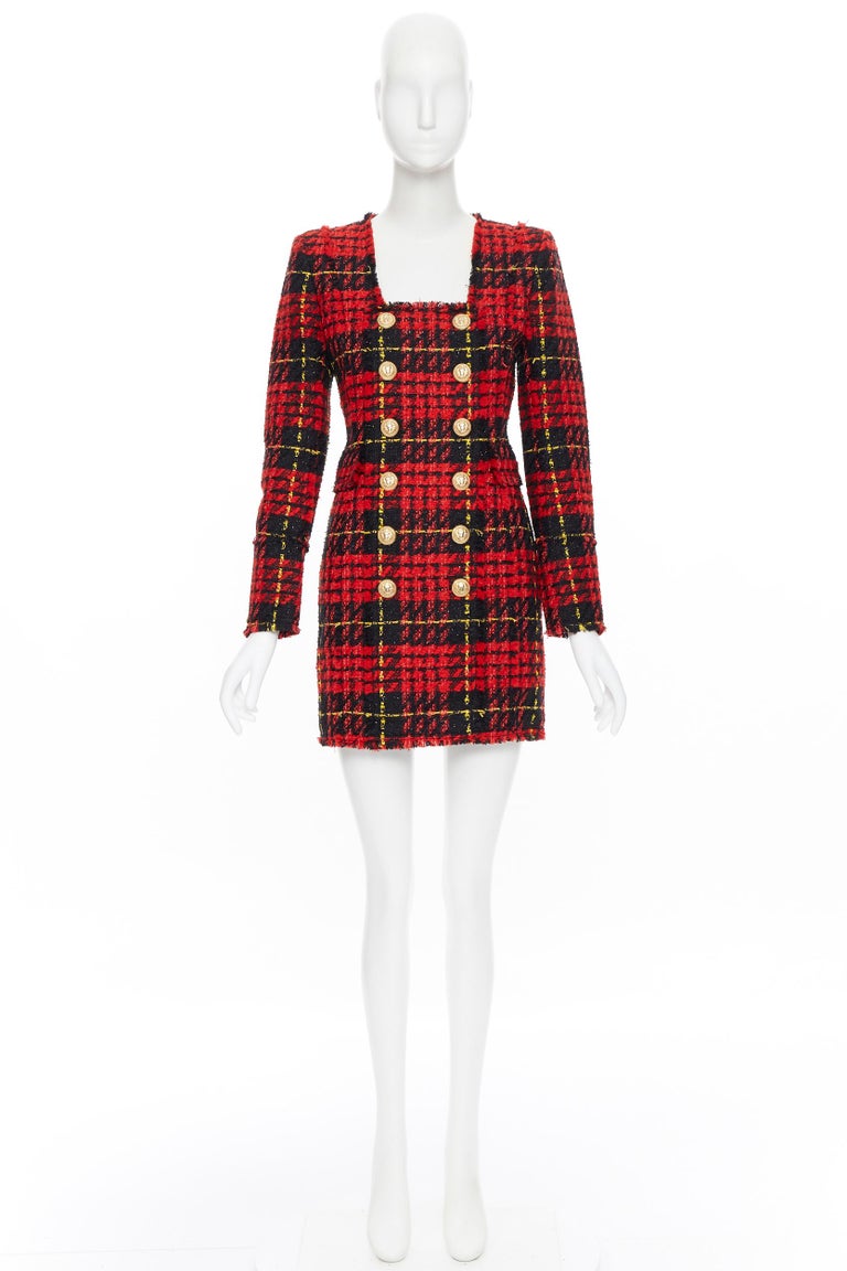 new BALMAIN Runway red black checked tweed double breasted military ...