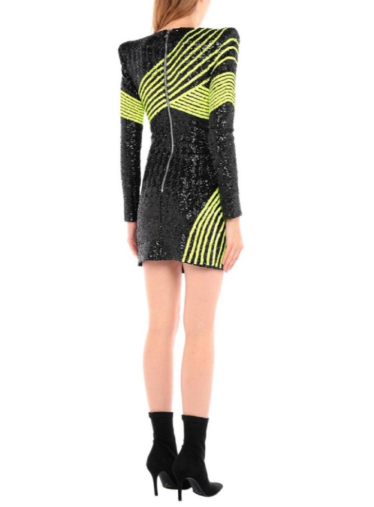 New Balmain Sequin-Embellished Lemon Green Black Color Mini Dress size ...