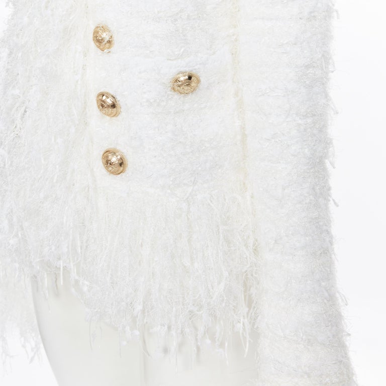new BALMAIN white boucle double breasted fringe military cardigan ...