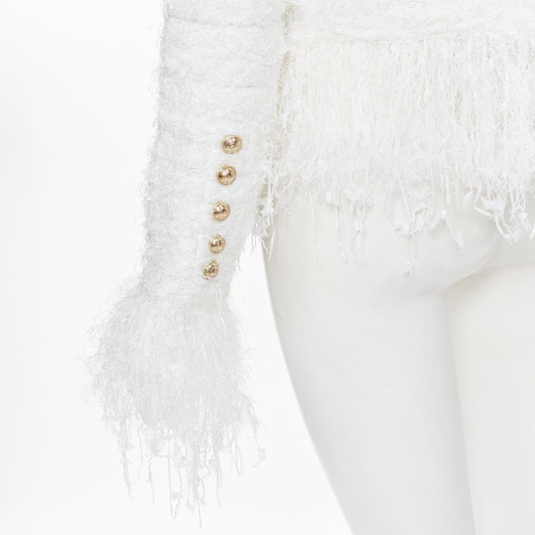 new BALMAIN white boucle double breasted fringe military cardigan ...