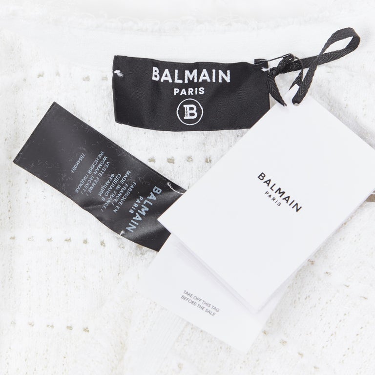 new BALMAIN white boucle double breasted fringe military cardigan ...