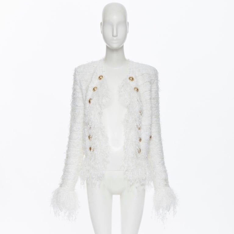 new BALMAIN white boucle double breasted fringe military cardigan ...