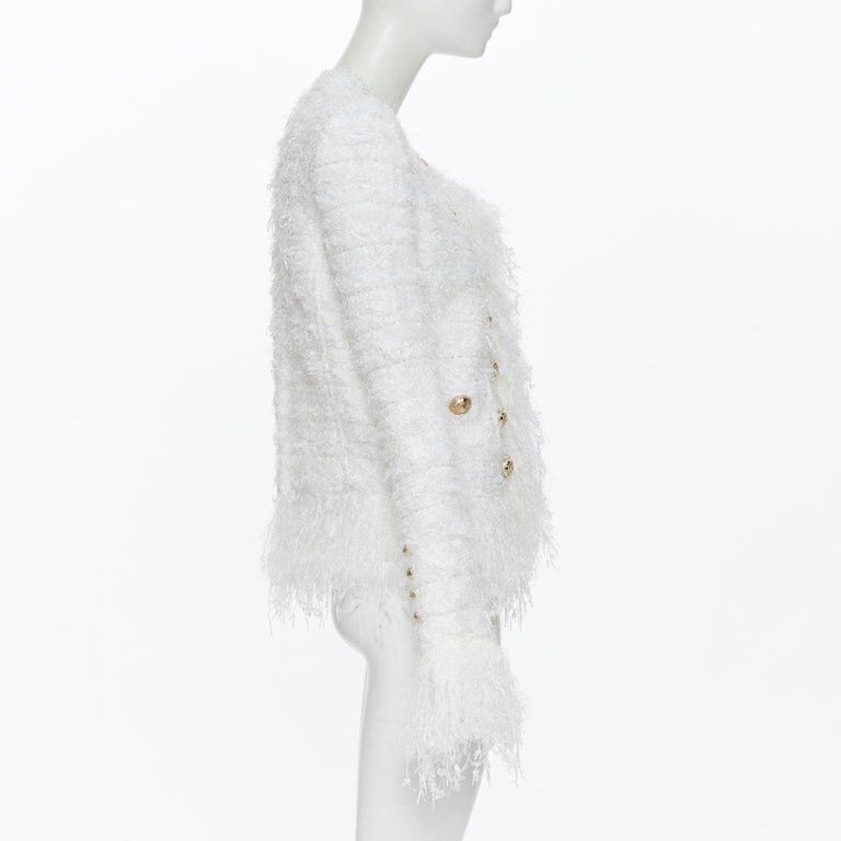 new BALMAIN white boucle double breasted fringe military cardigan ...
