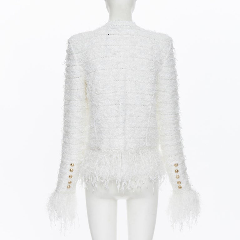 new BALMAIN white boucle double breasted fringe military cardigan ...