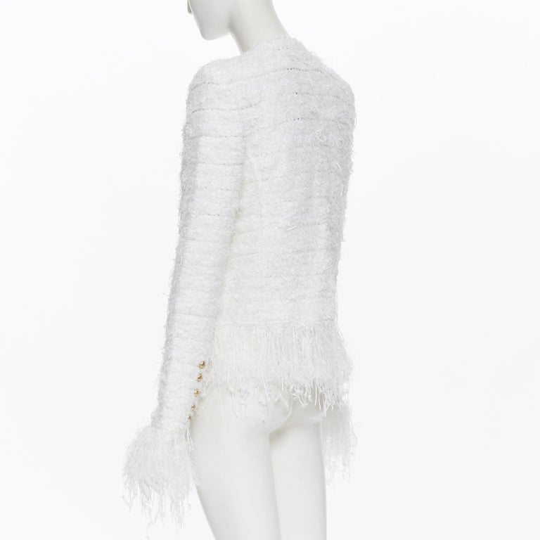 new BALMAIN white boucle double breasted fringe military cardigan ...