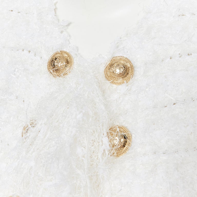 new BALMAIN white boucle double breasted fringe military cardigan ...