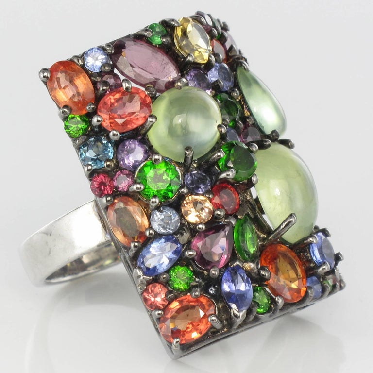 New Black Rhodium Silver Precious Stones Cocktail Ring at 1stDibs