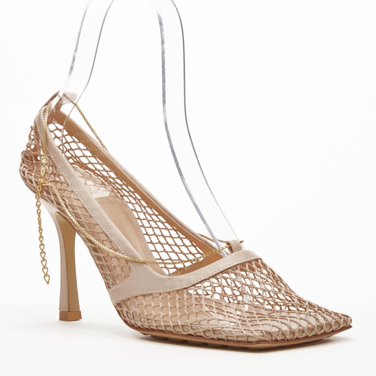 new BOTTEGA VENETA DANIEL LEE nude net mesh square toe gold chain heel ...