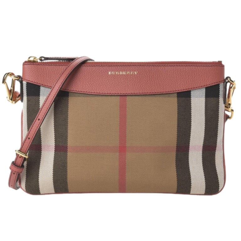 NEW Burberry Brown Derby Peyton House Check Coated Canvas Clutch Crossbody Bag For Sale at 1stDibs