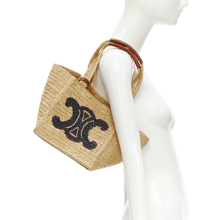 new CELINE 2022 Cube Triomphe logo beige raffia leather top handle tote ...