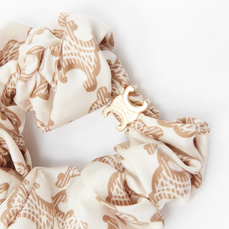 new CELINE Hedi Slimane white print gold Triomphe charm hair scrunchie ...