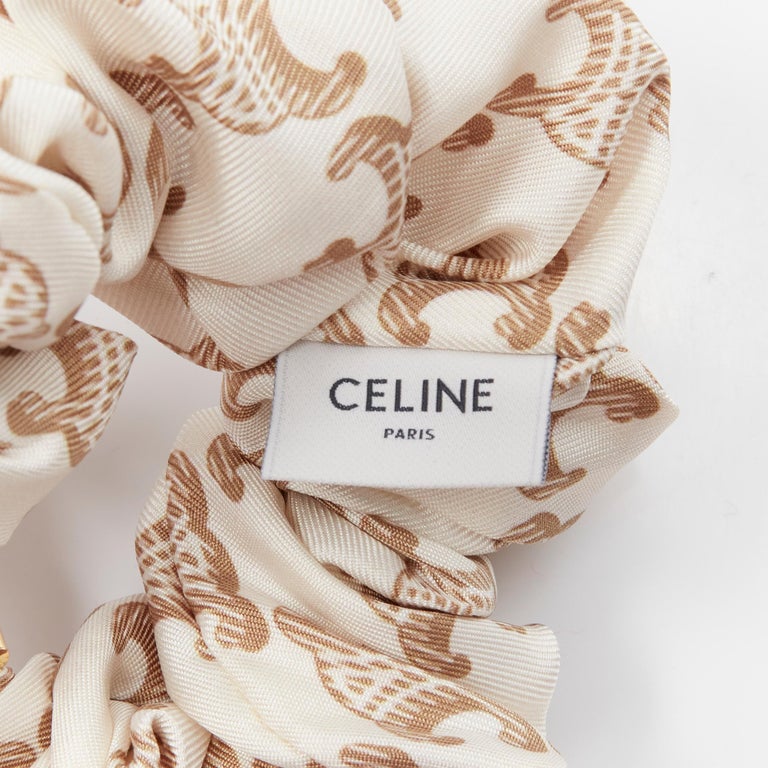 new CELINE Hedi Slimane white print gold Triomphe charm hair scrunchie ...