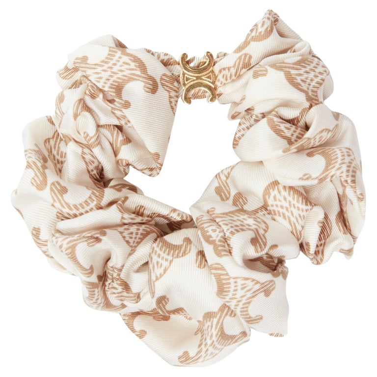 new CELINE Hedi Slimane white print gold Triomphe charm hair scrunchie ...