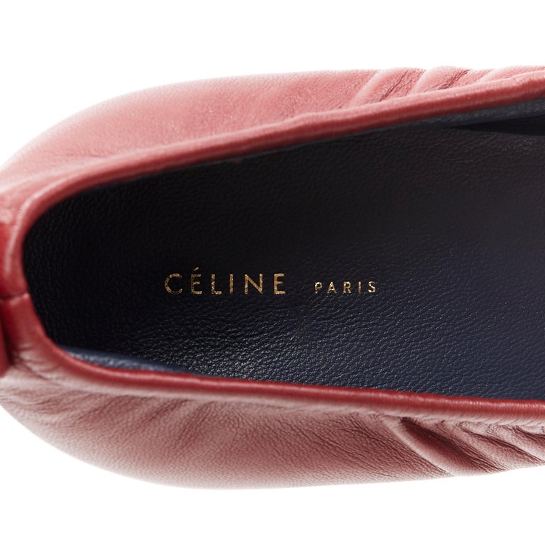 new CELINE PHILO burgundy red leather round toe ballerina chunky heel ...
