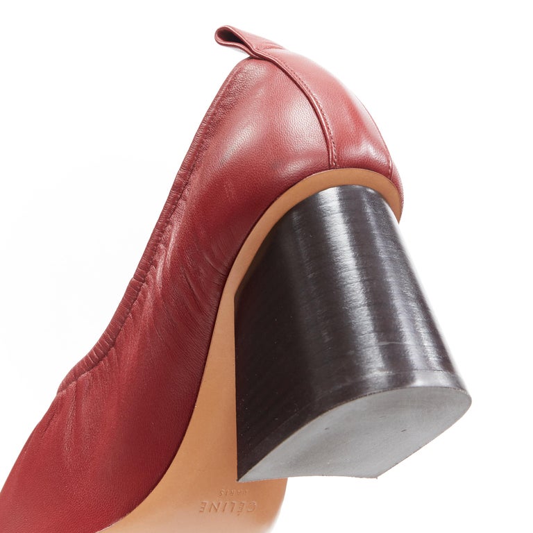 new CELINE PHILO burgundy red leather round toe ballerina chunky heel ...