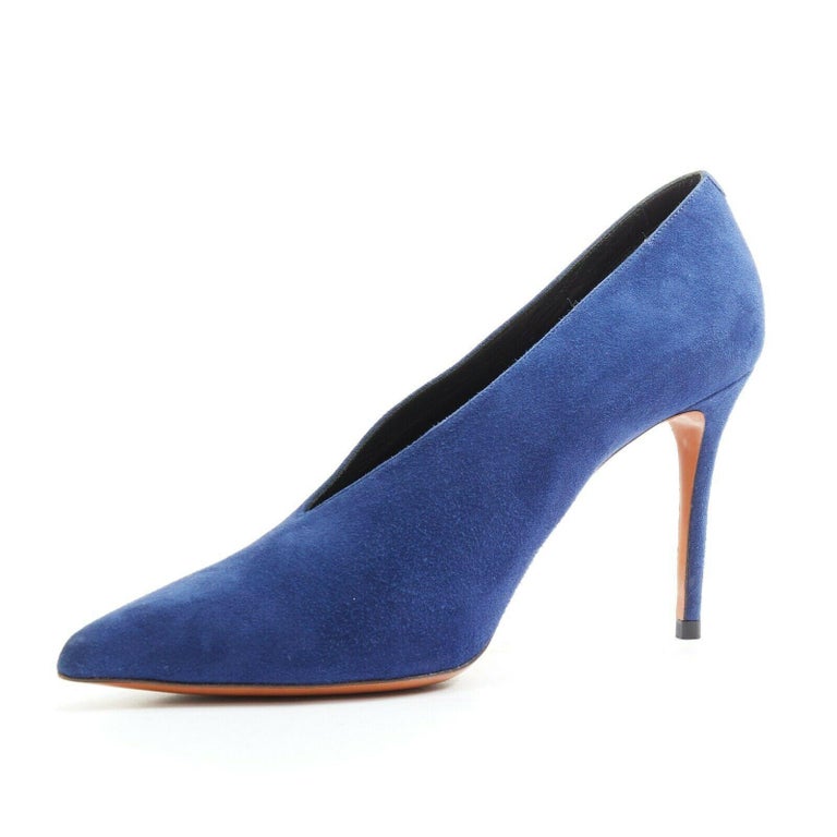 new CELINE PHOEBE PHILO blue suede V-neck vamp pointed toe pump EU39.5 ...