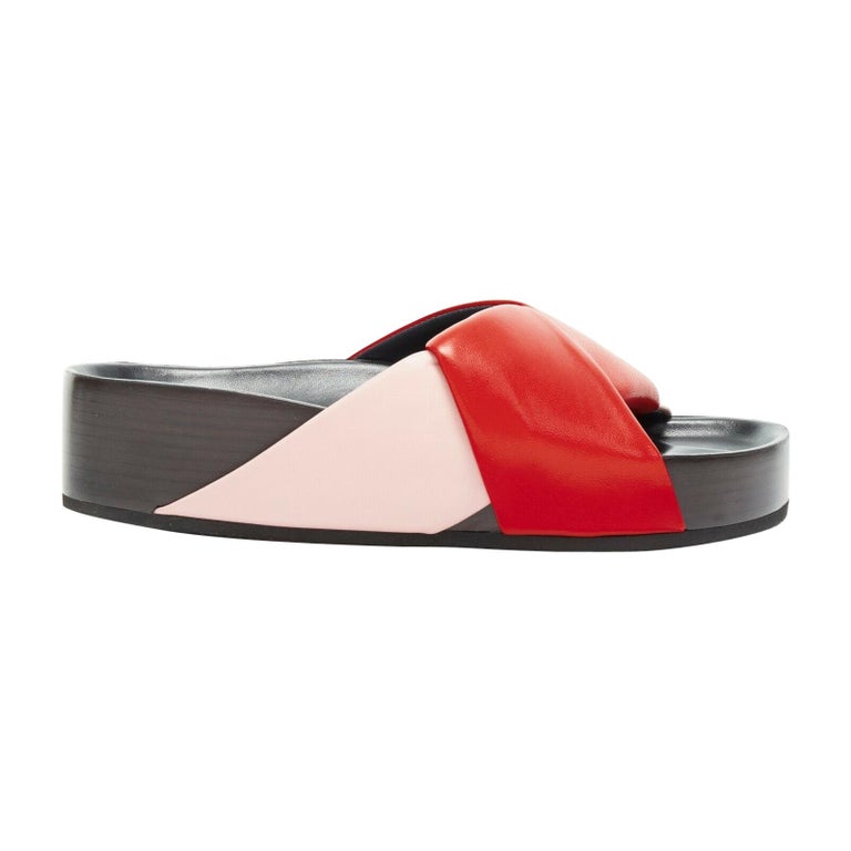new CELINE PHOEBE PHILO red pink padded leather twist slides sandals ...