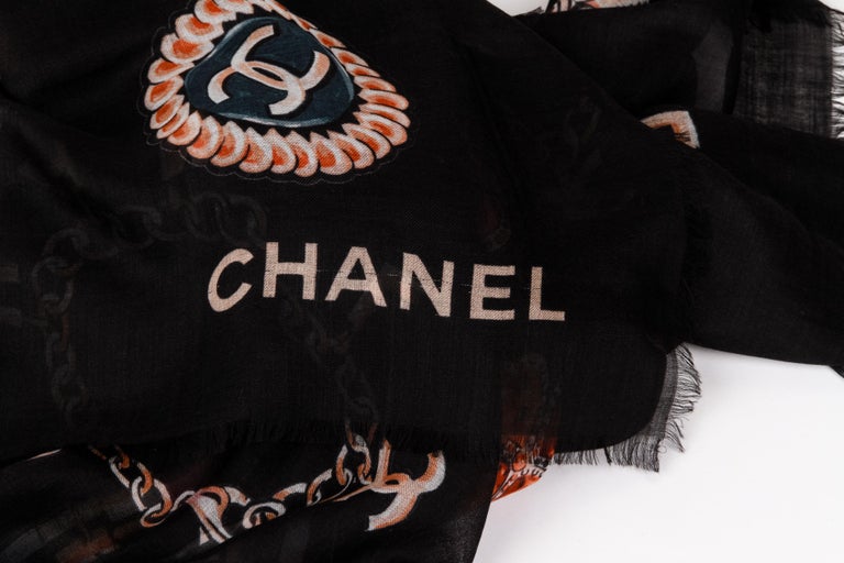 New Chanel Black Cashmere Icons XL shawl 74" For Sale at 1stDibs