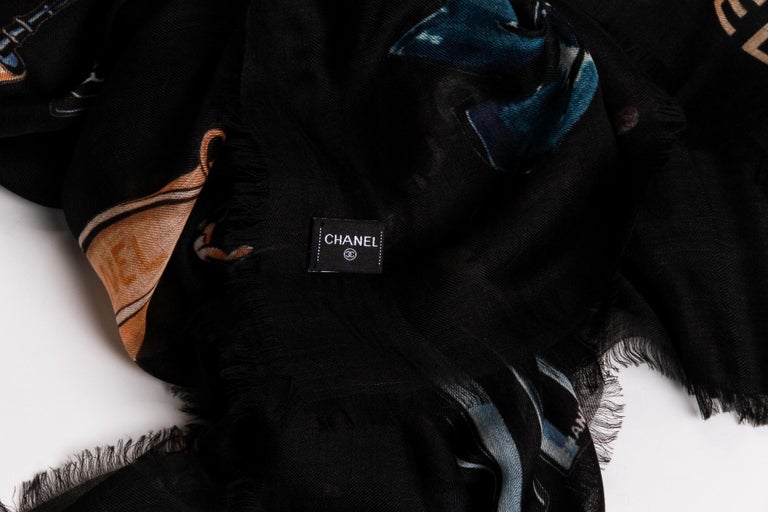 New Chanel Black Cashmere Icons XL shawl 74" For Sale at 1stDibs