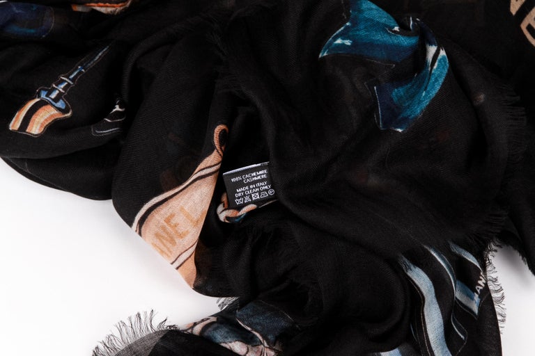 New Chanel Black Cashmere Icons XL shawl 74" For Sale at 1stDibs
