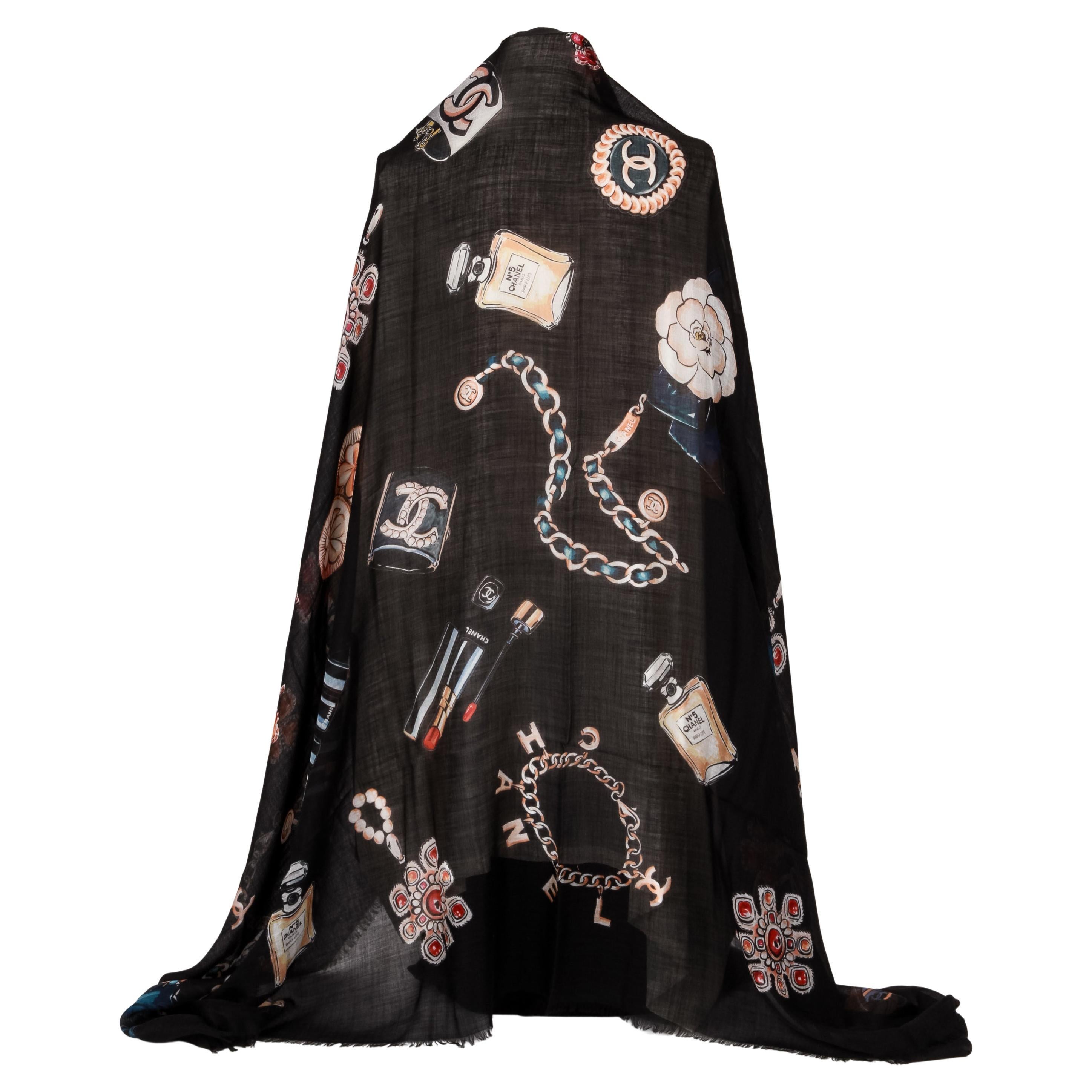 New Chanel Black Symbols Iconic Logo Cashmere Shawl For Sale at 1stDibs