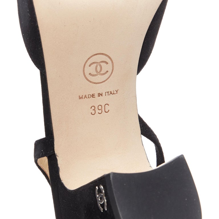 new CHANEL black suede silver toe cap CC logo mid block heel slingback ...