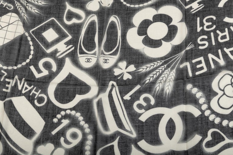 New Chanel Black Symbols Iconic Logo Cashmere Shawl For Sale at 1stDibs