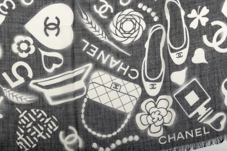 New Chanel Black Symbols Iconic Logo Cashmere Shawl For Sale at 1stDibs
