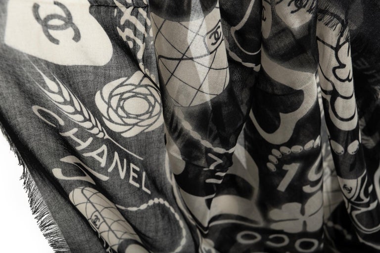 New Chanel Black Symbols Iconic Logo Cashmere Shawl For Sale at 1stDibs