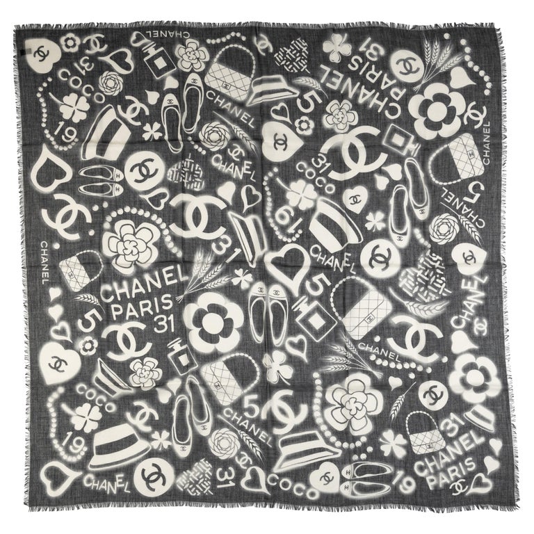 New Chanel Black Symbols Iconic Logo Cashmere Shawl For Sale at 1stDibs