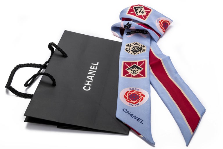 New Chanel Coco Niege Celeste Silk Twilly Scarf For Sale at 1stDibs